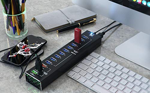 LATORICE USB Hub Powered, 13 Multi-Port USB Hub with 10 USB 3.0 Ports 2 IQ Quick Charge Ports, and Port with up to 2,4A Power, Powered USB Splitter with Cords C and A, Unibody Aluminum USB HUB