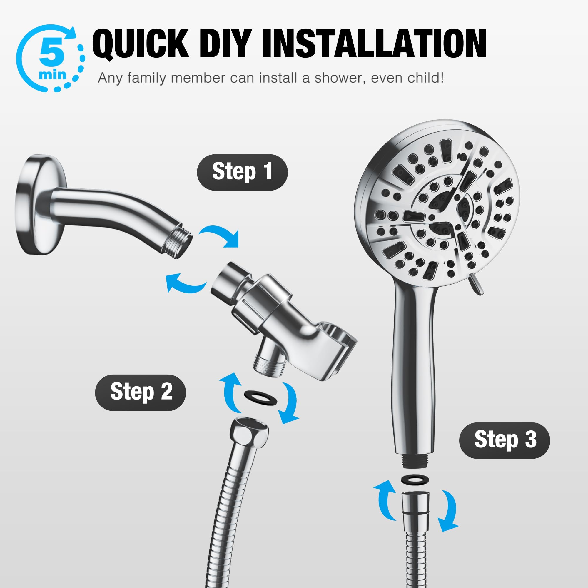 8 Massage Setting & 2 Jet Modes High Pressure Shower Heads, 5.04" Large Size Handheld Shower Head 59" Stainless Steel Shower Head with Hose 360° Detachable Shower Head Aqua Care Shower Head