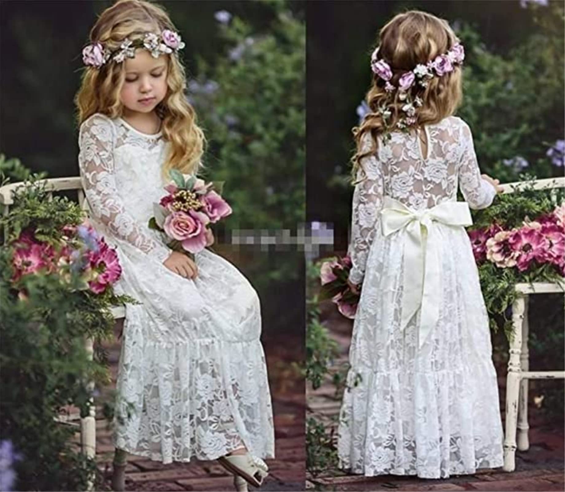 Toddler Flower Girl Fancy Ivory White Lace Boho Long Sleeve Full Length Slim Maxi Princess Dresses 4T
