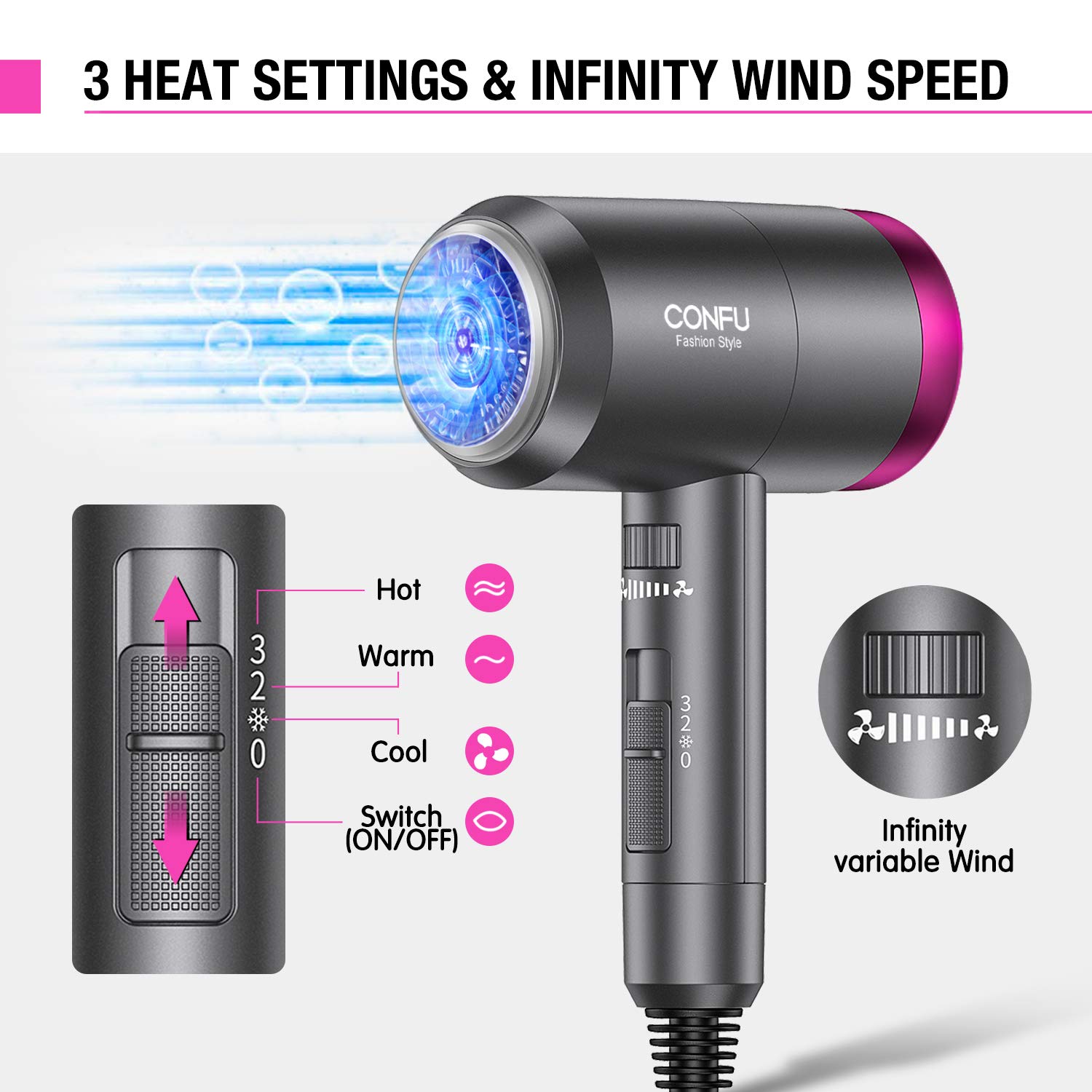 Hair Dryer CONFU Blow Dryer 1600W Ionic Hairdryer Portable Blowdryer with Diffuser Lightweight Quick Drying ETL Certified for Home & Travel (Dark Grey)