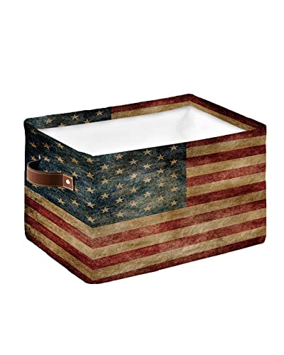 American Red Flag Cube Storage Organizer Bins with Handles, 15x11x9.5 Inch Collapsible Canvas Cloth Fabric Storage Basket, Vintage Retro Geometry Stripe Books Kids' Toys Bin Boxes for Shelves, Closet