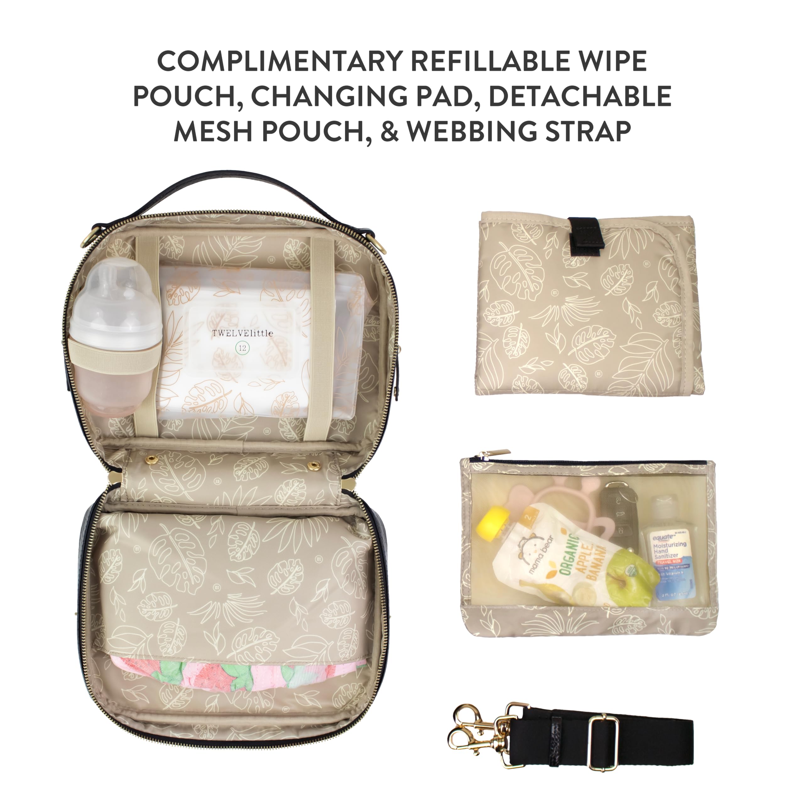 TWELVElittle Luxe Diaper Clutch - Crossbody Diaper Bag includes Portable Changing Pad, Zip Out Pouch organizer and Wipes Case Black Croc