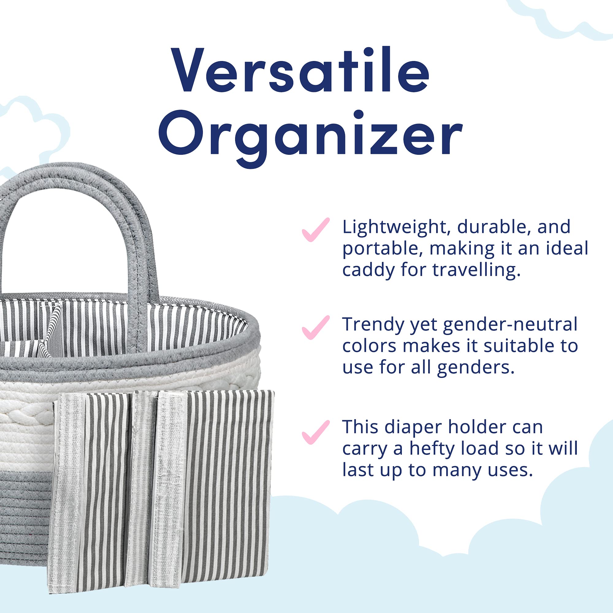 MADDYKINS - Diaper Caddy, Diaper Basket Organizer, 100% Pure Woven Cotton Diaper Storage Caddy, Large Diaper Caddy, Grey/White