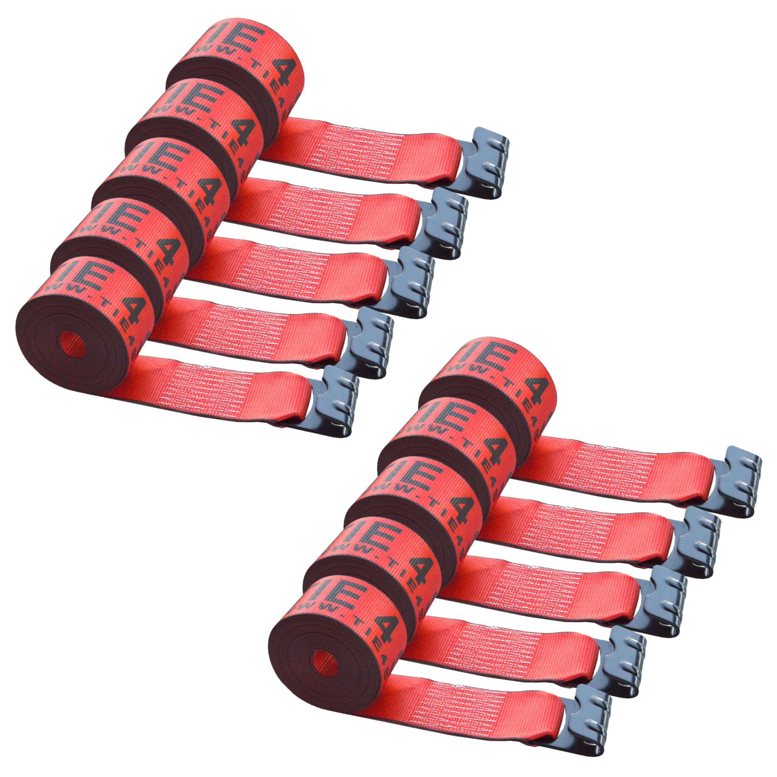 4" x 30' Heavy Duty Winch Straps w/Flat Hook - Pack of 10 | Red Tie Downs for Flat Bed, Truck, Farm, Utility Trailers (5400 LBS WLL)