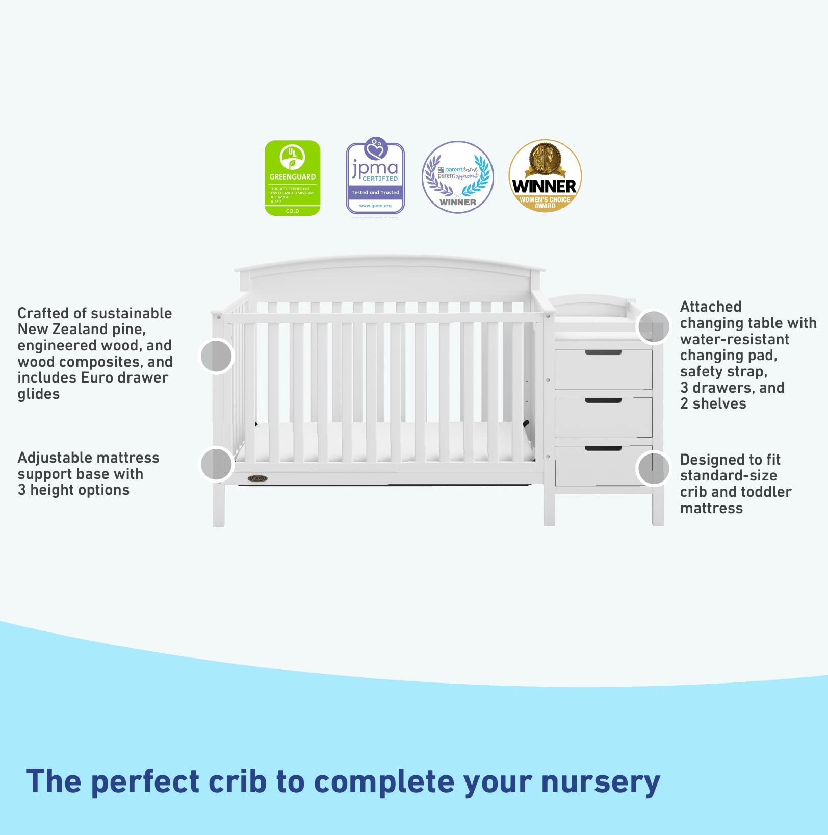 Graco Benton 5-in-1 Convertible Crib and Changer (White) – Crib and Changing -Table Combo, Includes Water-Resistant Changing Pad, 3 Drawers, Converts to Toddler Bed, Daybed and Full-Size Bed