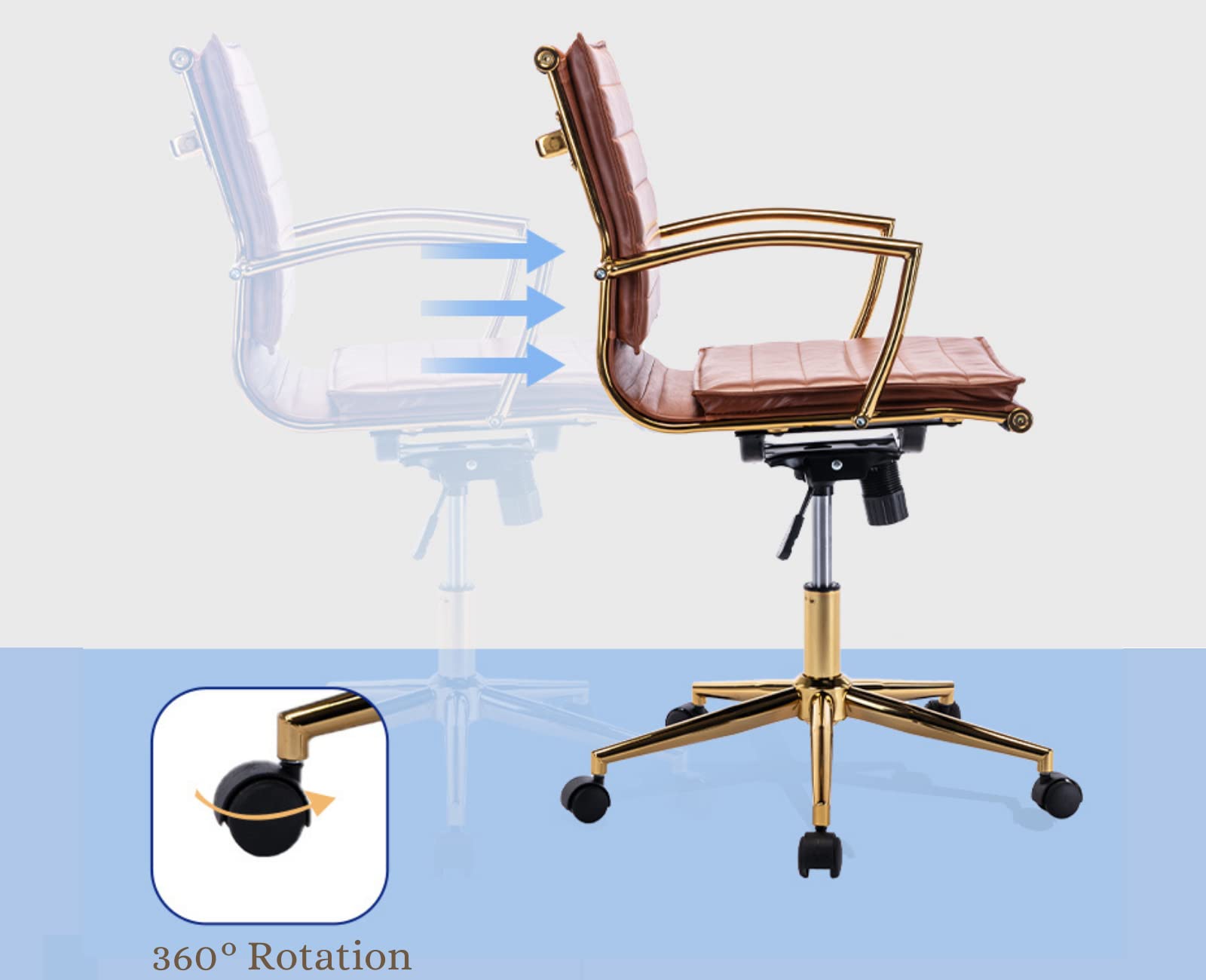 EALSON Modern Leather Office Chair Comfortable Home Office Desk Chair with Wheels and Arms Gold Base Conference Chair Ergonomic Computer Task Chair Adjustable Swivel Chair, Brown