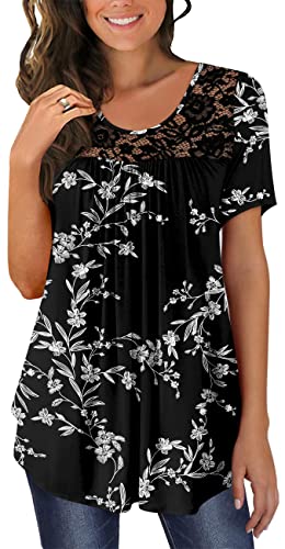 BISHUIGE Women's Casual Loose Short Sleeves Tunic Tops Lace Panel Pleated T-shirts Blouses with Leggings, M, Carved White - Black