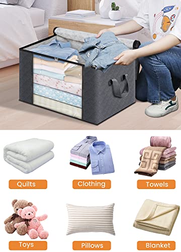 BlissTotes Storage Clothing Bags Storage Clothes Organizer with Reinforced Handle Sturdy Fabric Clear Window for Blankets, Bedding, Collapsible with Sturdy Zipper, 6 Pack, 60L, Grey