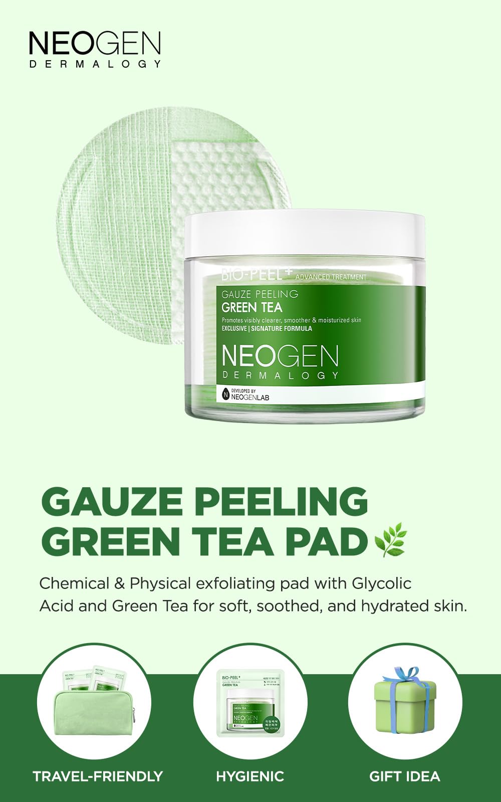DERMALOGY by NEOGENLAB Bio-Peel Gauze Peeling Pads (Green Tea, 30 pads) - Exfoliating & Hydrating & Soothing Peeling Pad with PHA & Green Tea & Centella Asiatica - Korean Skin Care