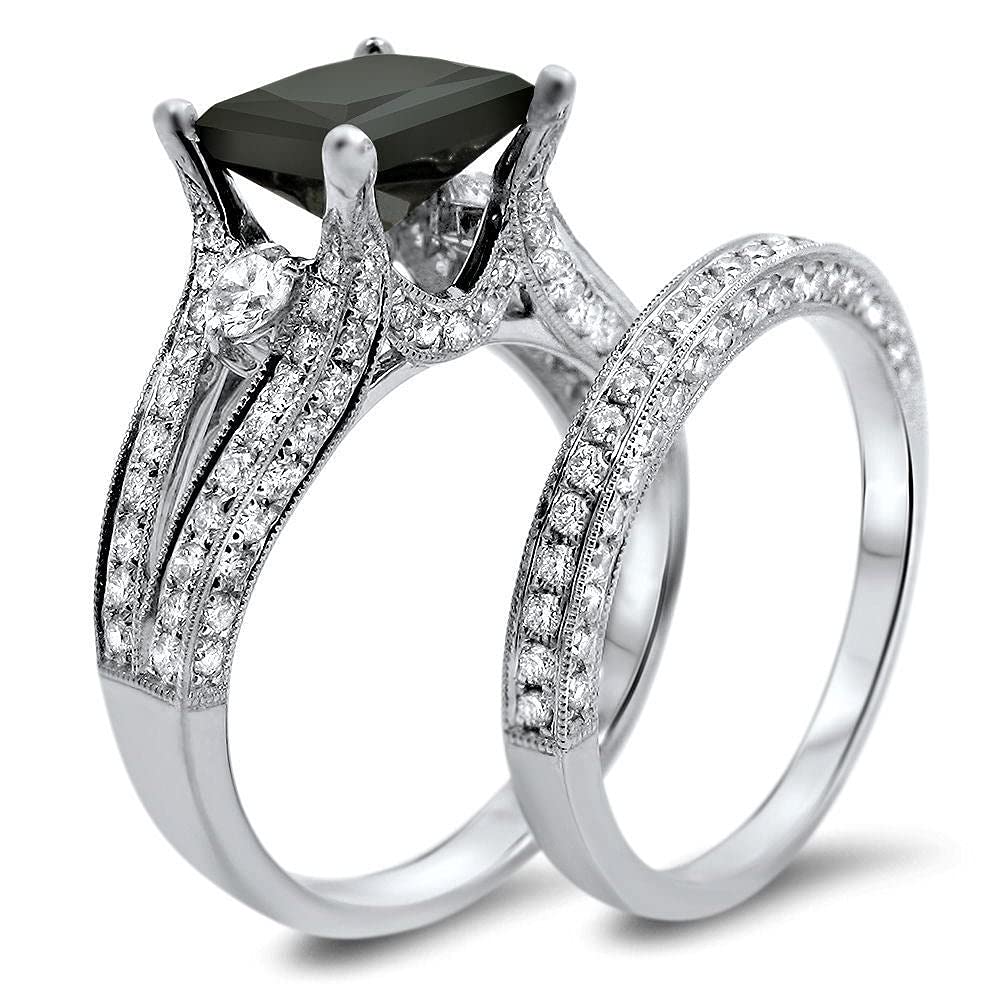 3 Ct Princess Cut Black & White Diamond Vintage Engagement Ring Bridal Wedding Set 14k White Gold Plated 925 Sterling SIlver9