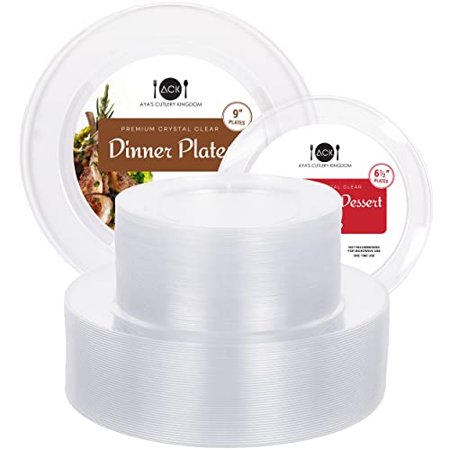Aya's 100 Clear Plastic Plates Disposable, Premium Heavy-Duty Plastic Plates - 50 Plastic Dinner Plates 9" + 50 Salad, Dessert, Appetizer Plates 6.25" for Weddings - Disposable Clear Plates for Party