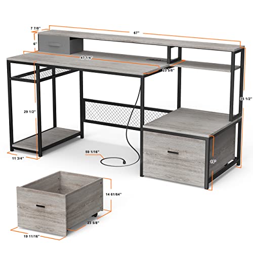 AYEASY Home Office Desk with Monitor Stand Shelf, 66 inch Large Computer Desk with Power Outlet and USB Charging Port, Computer Table with Drawers and Storage Shelves, Study Writing Desk, Wash Gray