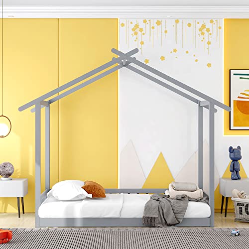 AOCOROE House Bed Frame Twin/King Bed Frame for Boys and Girls, Wood Extending Twin to King Extendable Playhouse-Design Montessori Floor Bed Platform Bed Frame with Trundle