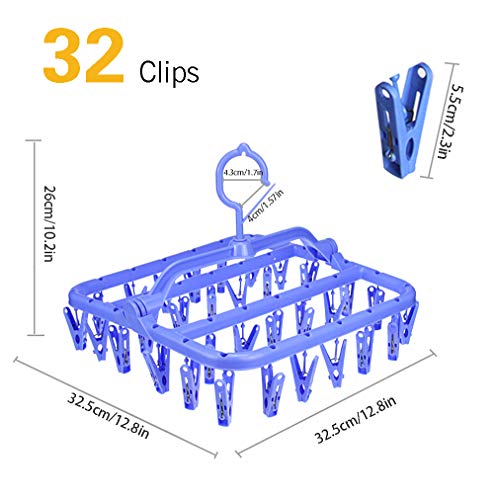 HAPY SHOP Foldable Laundry Hanger Drying Rack,Plastic Laundry Clip with 32 Clips,Clip Hanger Drip Drying Hanger Underwear Hanger with Clips for Socks, Bras, Lingerie, Clothes,Towel,Scarf,Blue