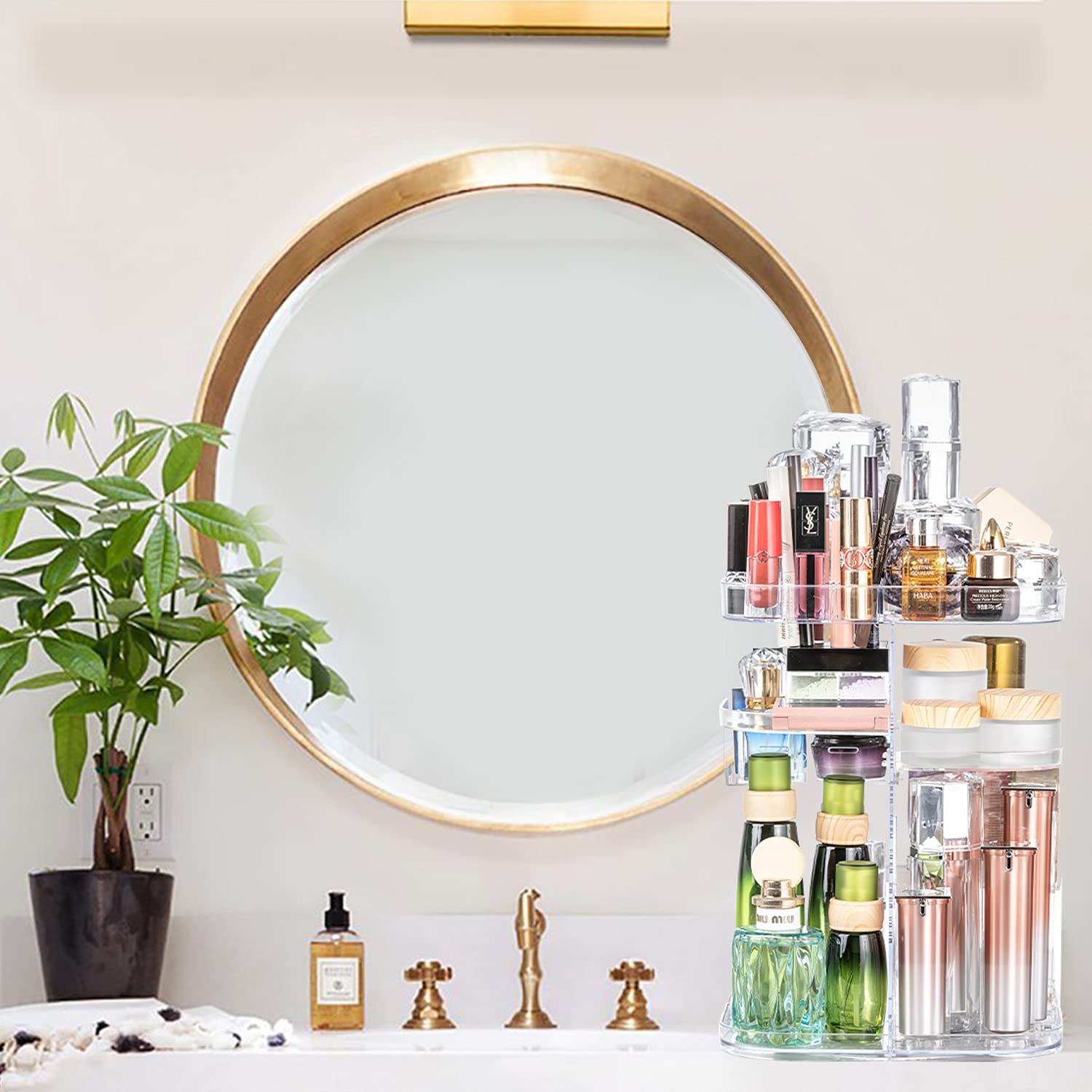 DreamGenius 360 Rotating Makeup Organizer, DIY Adjustable Makeup Carousel Spinning Holder Storage Rack, Large Capacity Make up Caddy Shelf Cosmetics Organizer Box, Best for Countertop, Square