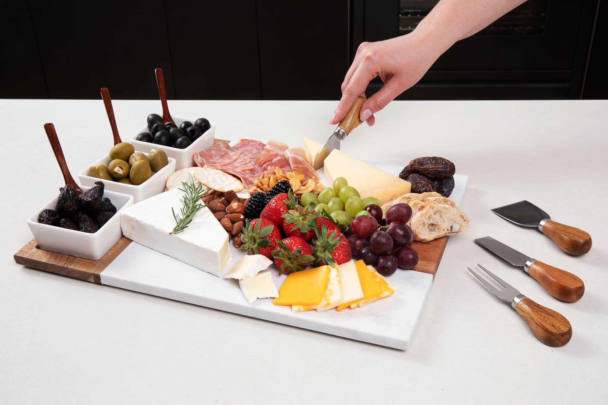 Acacia Wood and Marble Charcuterie Board Set - 11 Piece Cheese Board Serving Platter - Includes Knives, Bowls, Spoons - Gift Appetizer Board with Accessories - Housewarming and Holiday Unique Gift