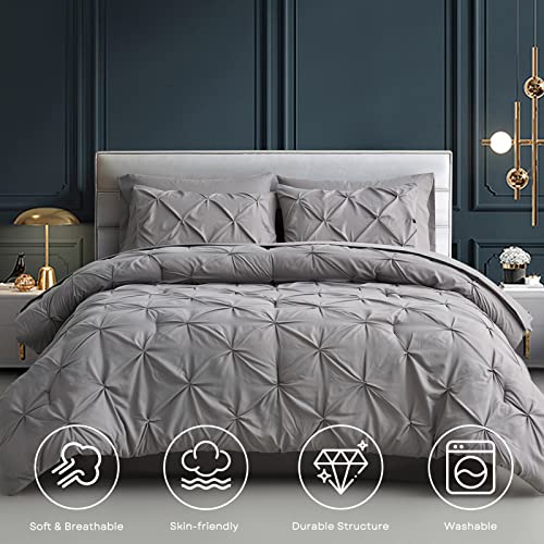 Maple&Stone Twin XL Comforter Set Gray Pinch Pleat 5 Pieces Bed in A Bag for All Season,Pintuck Comforter Set Gray Twin XL with Down Alternative Comforter, Sheets, Pillowcases & Shams