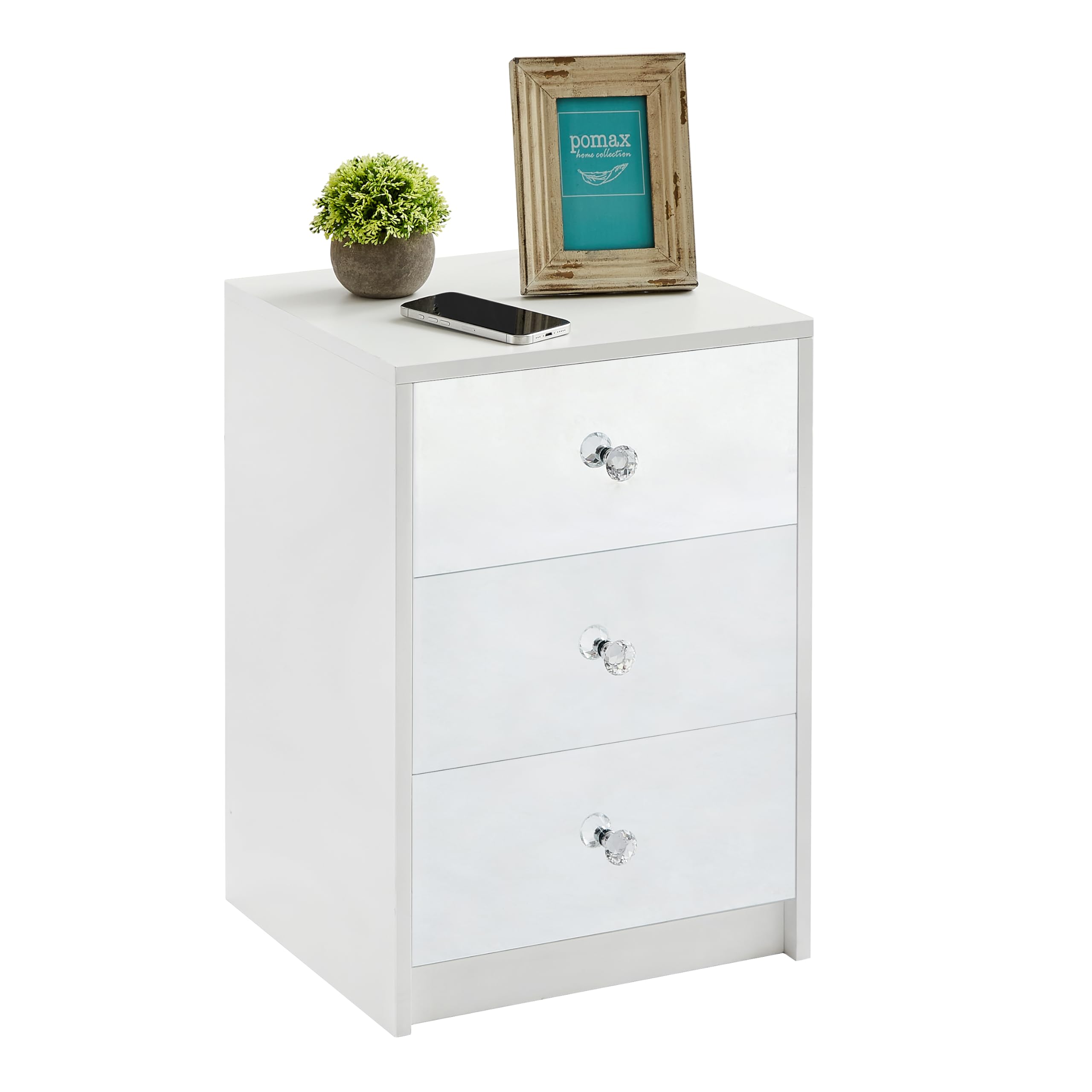 3 Drawer Nightstand for Bedroom, Modern Wood and Mirrored Nightstand, Square Bedside Glass End Table with Storage for Bedroom Room, Sofa, White