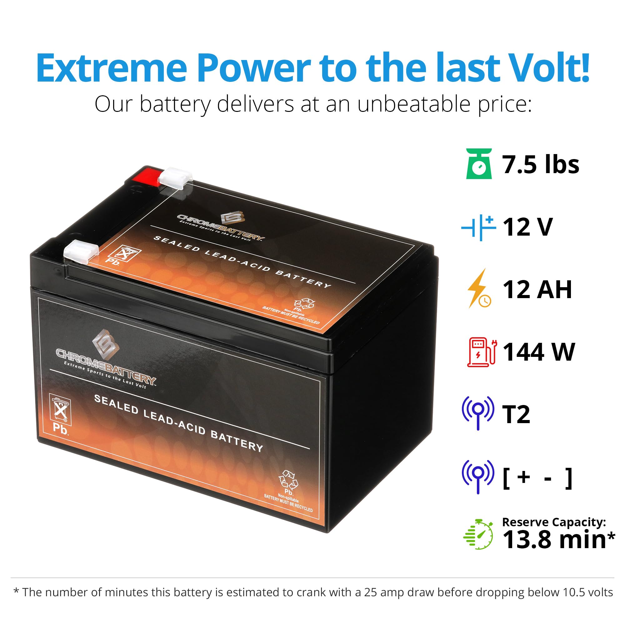 Chrome Battery 12V 12AH Maintenance-Free Battery for Alarm Systems, Scooters, Toys, Emergency Lights, and More - Nut and Bolt (T3) Terminal 2 Pack
