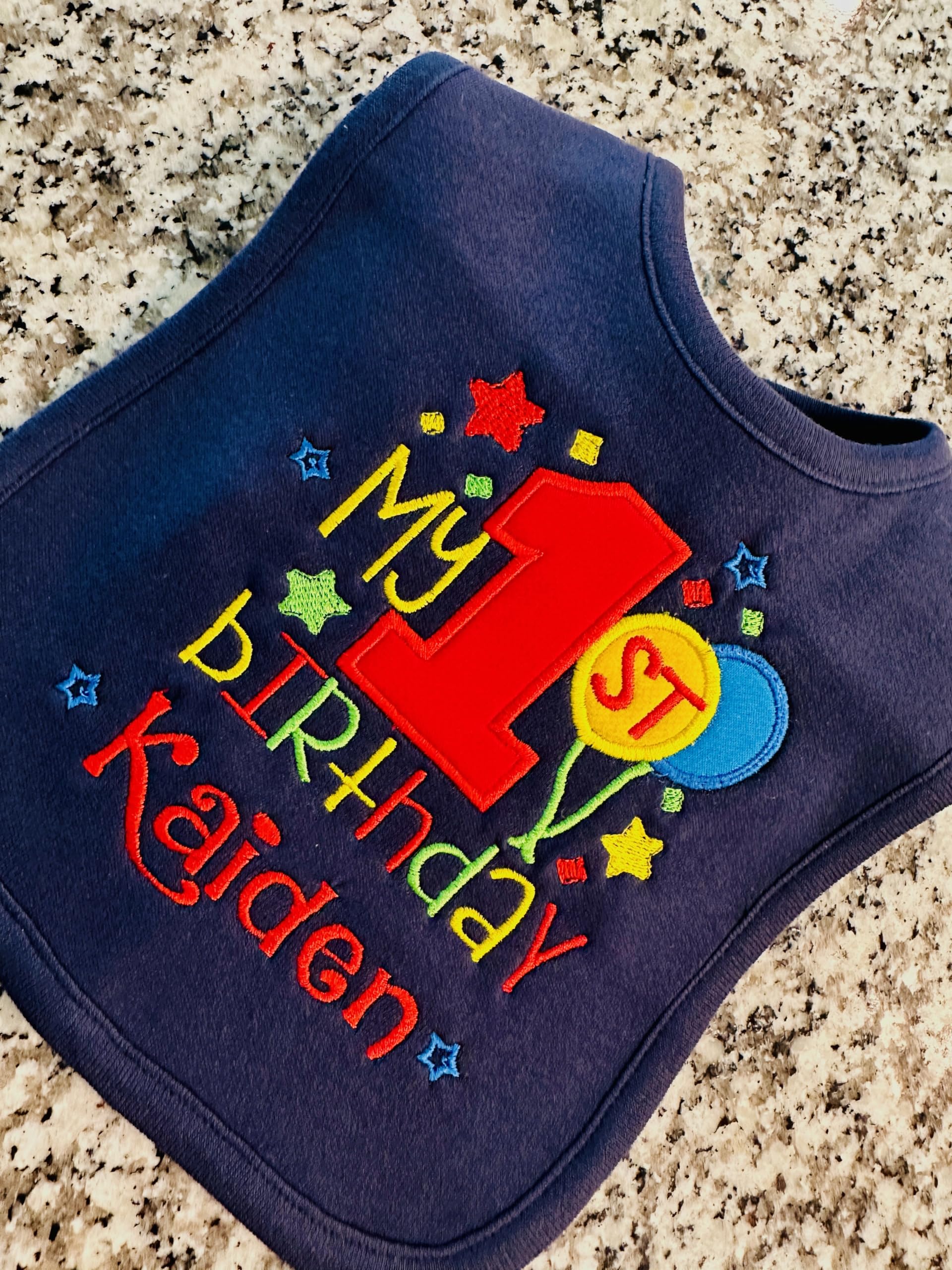 Fantasy Kids Designs First Birthday Boy Bib Personalized with Baby Name (Navy Blue Bib/Red)