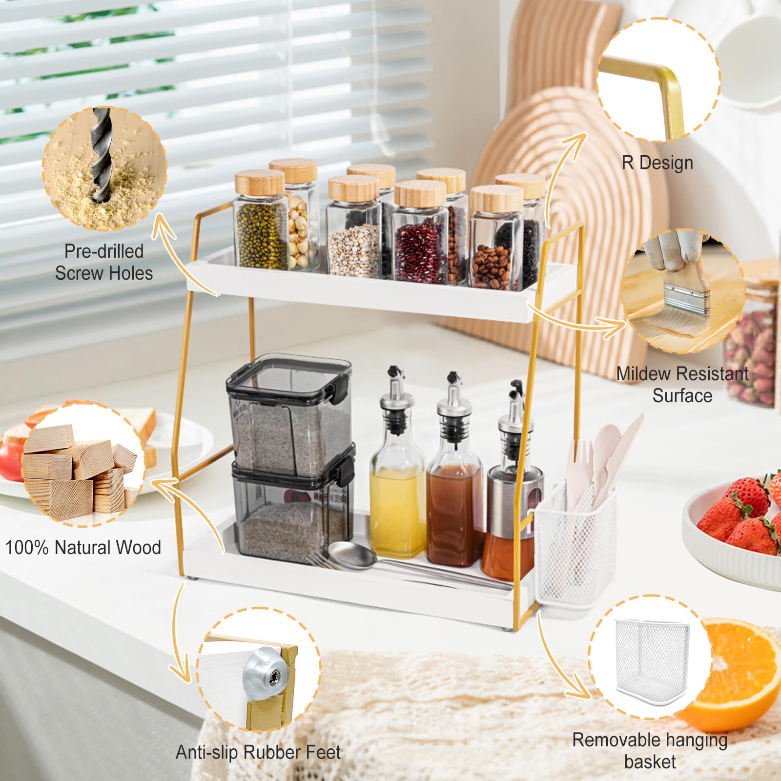 BYT Bathroom Organizer Countertop, 2-Tier Bathroom Organizer Tray for Counter with Basket, Vanity Organizer and Storage for Makeup Bedroom, Wood Spice Rack Organizer for Kitchen (Golden+White)