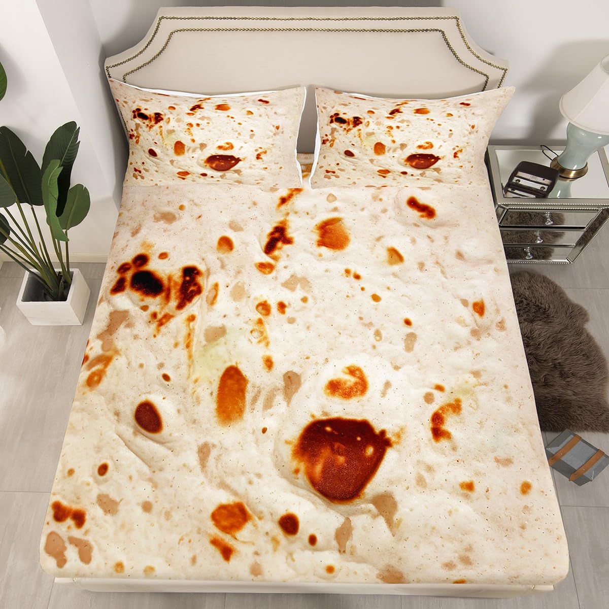 Burritos Tortilla Bedding Set for Adult and Kids Ultra Soft Giant Funny Realistic Food Bed Sheet Set Set Breathable Novelty Soft Flannel Taco Fitted Sheet Twin Size 2Pcs