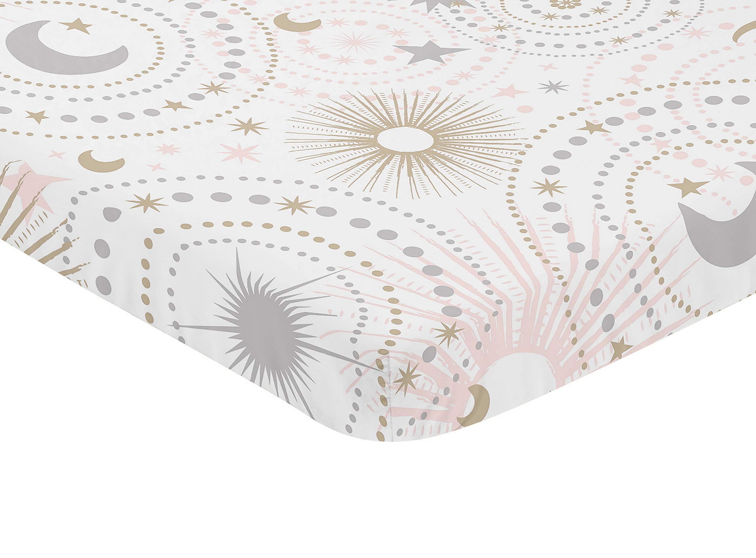 Sweet Jojo Designs Blush Pink, Gold, Grey and White Star and Moon Baby Girl Fitted Mini Portable Crib Sheet for Celestial Collection - for Mini Crib or Pack and Play ONLY