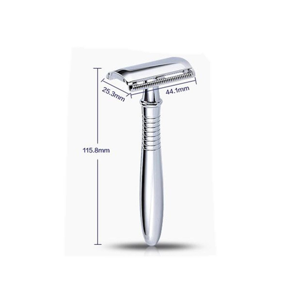 Heavy Duty Chrome Double Edge Safety Razor & Base Stand Long Handle Lengthen Version w/ 10 Platinum Super Sharp Blades + Mini Cleaning Brush & Pouch Manual Wet Shaving Gift Set for Men & Women