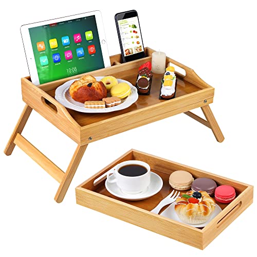Aodaer 2 Pack Natural Bed Table Tray with Folding Legs Breakfast Food Tray with Phone Tablet Holder Portable Serving Platters Tray with Handles Food Tray for Bed, Kitchen, Eating, Working