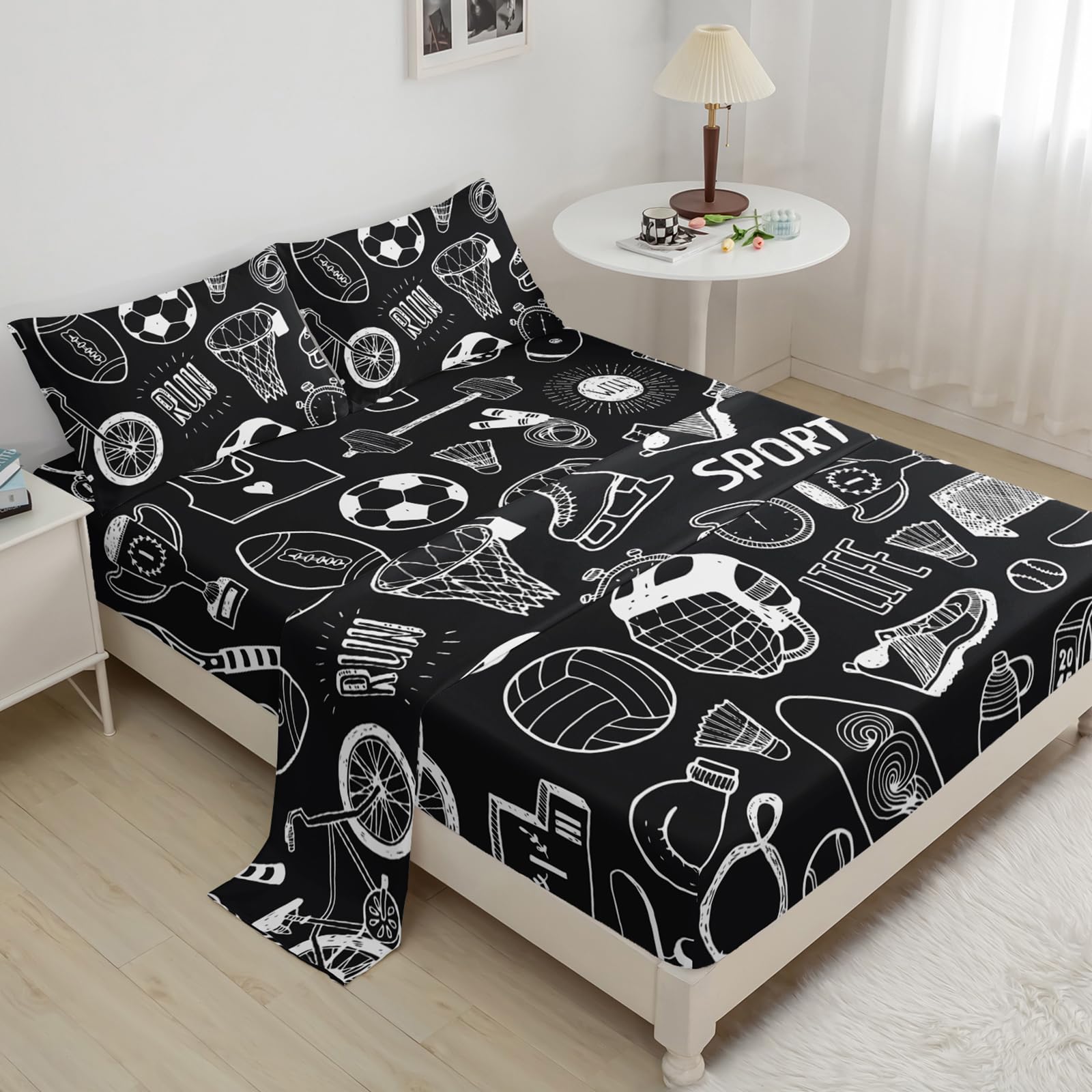 BSNTHO Sports Sheet Set Full Size 4 Piece, Boy Sheets for Girls Boys Kids Teens with 2 Pillowcases and 16" Deep Pocket, Hand-Drawn Style Bedding Set Microfiber Ultra Soft Skin Friendly