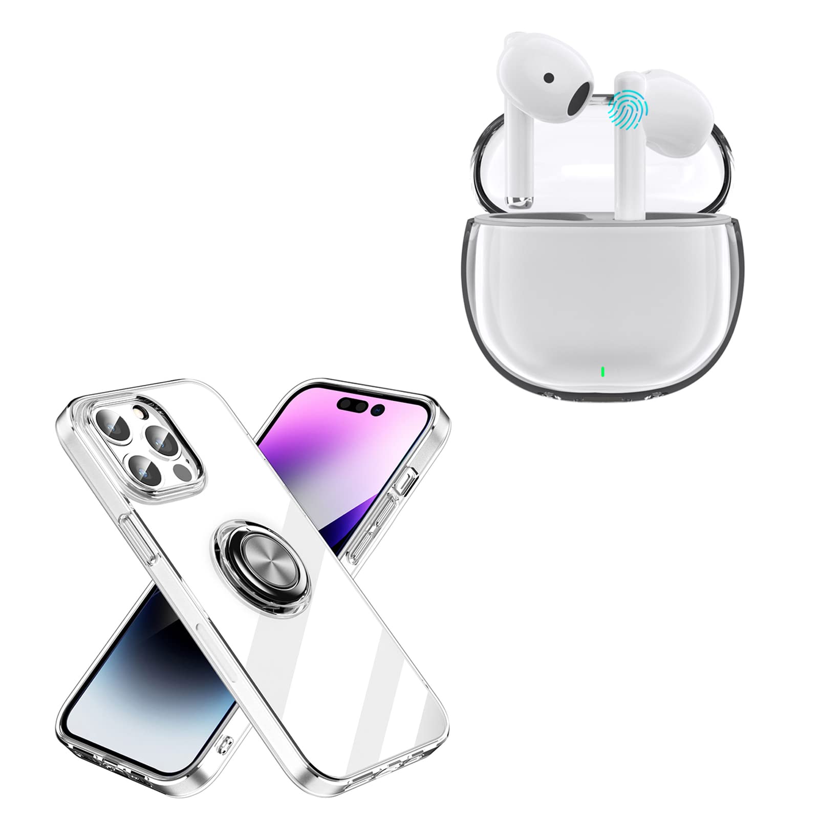 ACAGET Bluetooth 5.3 Earbuds White & iPhone 14 Pro Max Case Clear with Ring Kickstand, Sport Earphones with Over Ear Earhook and Protective Case for iPhone 14 Pro Max