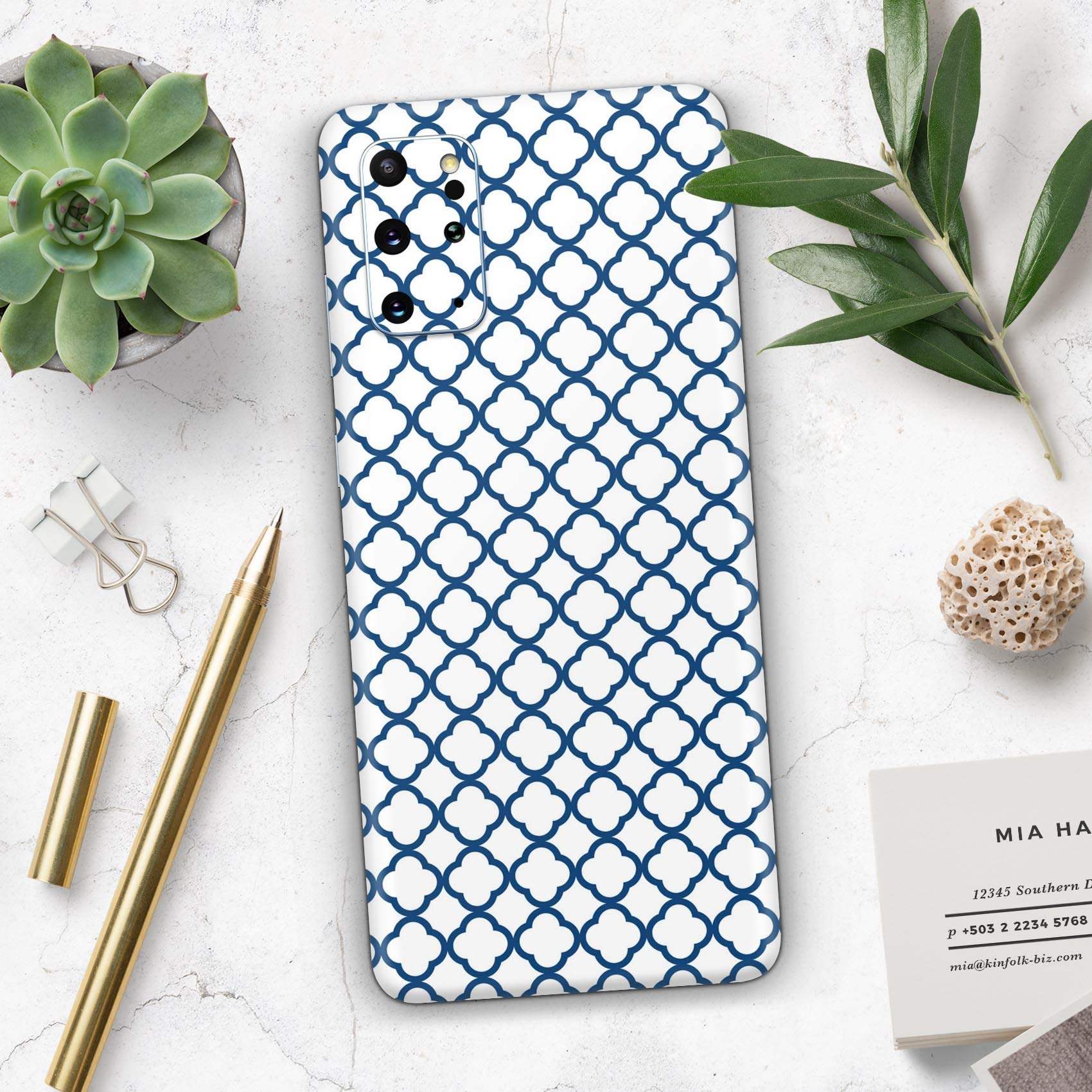 DesignSkinz Navy & White Seamless Morocan Pattern V2 Protective Vinyl Decal Wrap Skin Cover Compatible with The Samsung Galaxy S20 (Screen Trim & Back Glass Skin)