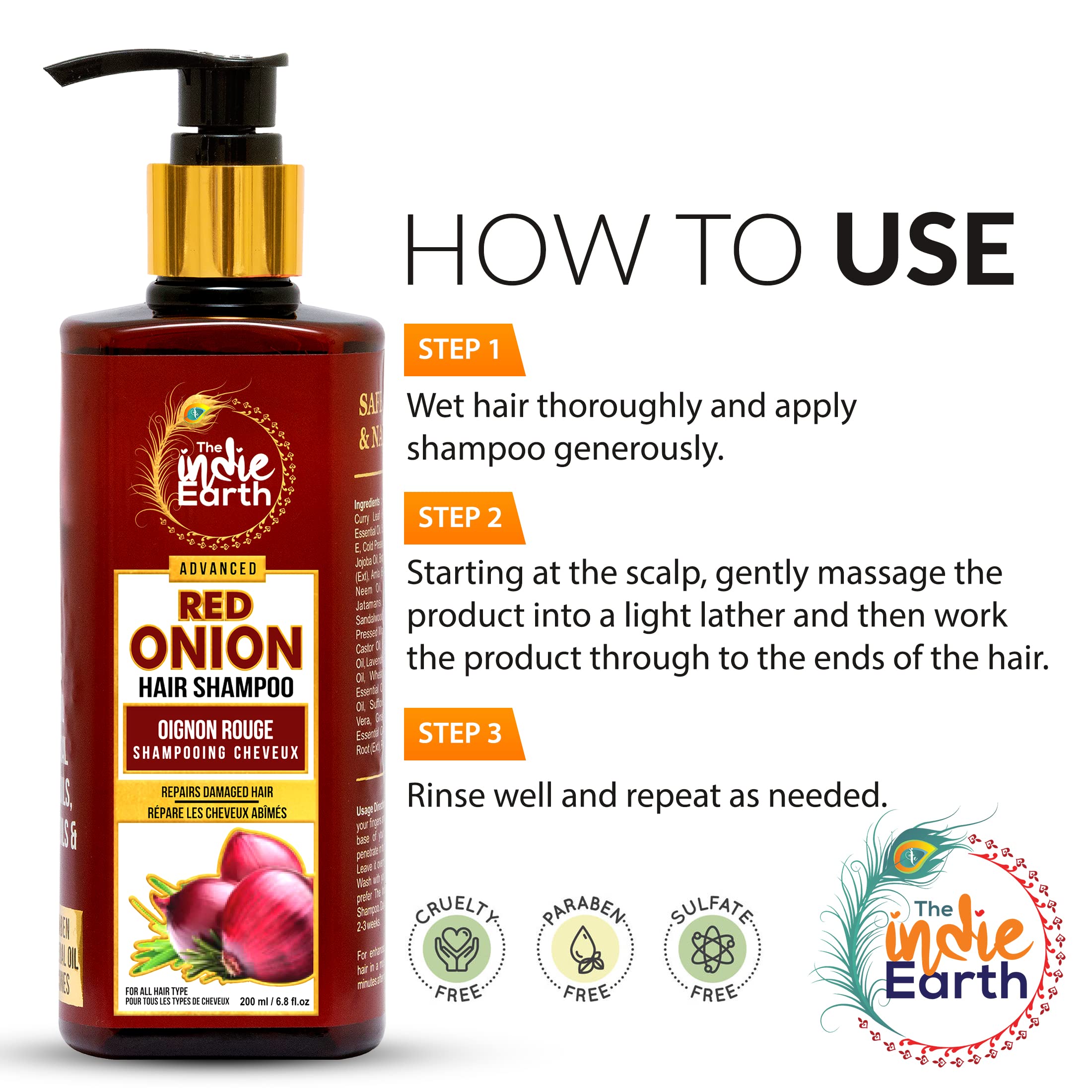 Red Onion Shampoo with Caffeine, Curry Leaf, and Indian Alkanet Root – Advanced Formula for Hair Fall Control, Split Ends Repair, and Dandruff Reduction – Gentle & Chemical-Free – 200ml