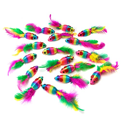 CHIWAVA 24PCS 5" Rattle Cat Toys Mice with Feather Rainbow Rope Mouse Kitten Interactive Toy Assorted Color