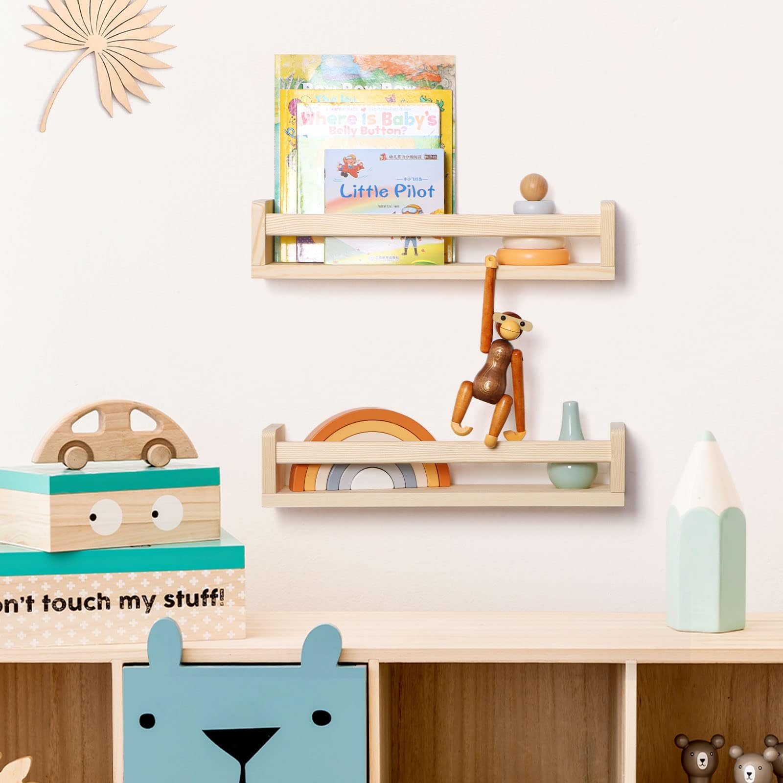 Fun Memories Nursery Book Shelves - Rustic Natural Solid Wood Floating Bookshelf for Kids - Wall Book Shelves for Kids Room (Natural, 16inch - 4P)
