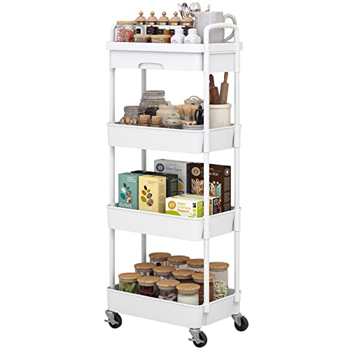Dttwacoyh 4-Tier Rolling Cart,Trolley with Drawer, Kitchen Storage Organizer with Plastic Shelf & Metal Wheels, Storage Cart for Living Room, Kitchen, Office, Bathroom, White