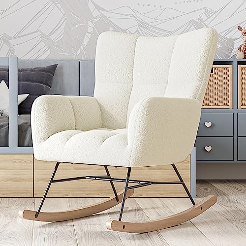 BELLEZE Rocking Chair, Nursery Chair Upholstered Glider Chair with Cushioned Back and Armrests, Wide Seat Rocker Chair for Bedroom, Nursery Room, Living Room, Office, Guest Room (Lucy - White)