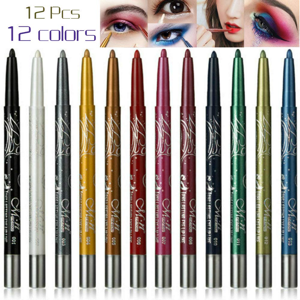 KAIQIKAIXI Waterproof Eyeliner, 12 Color Eyeliner, Eye Shadow Pencil, Eyebrow Pencil, Lip Liner, Multifunctional Color Painting Cosmetic Tool. (12Pcs)