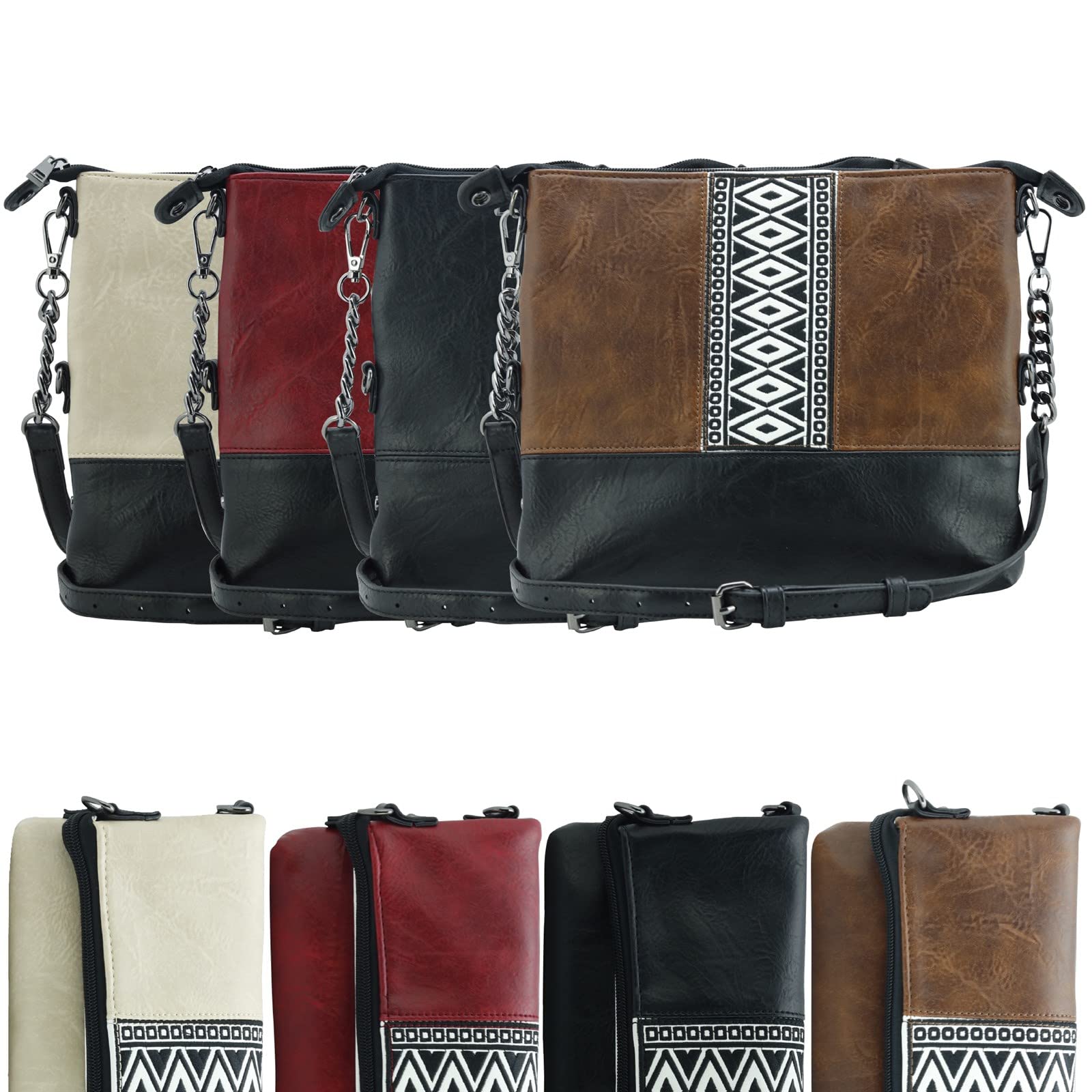 K&Bo Juniper Women’s Chain Crossbody Handbag Purse Brown, Boho Embroidered Medium, Converts to Clutch Bag, Lightweight