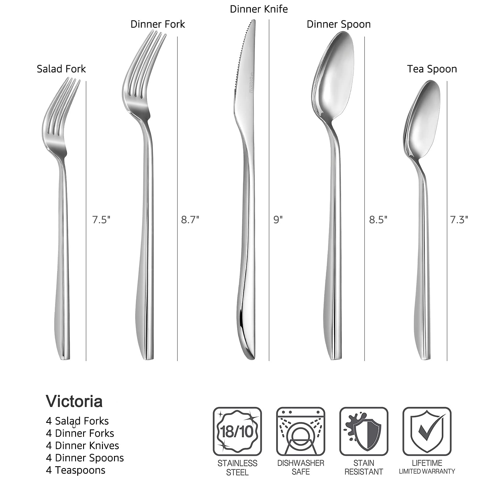 KEAWELL 20-Piece Luxury Mirror Polished Cutlery Set, 18/10 Stainless Steel Tableware, Modern Silverware Set, Includes 8 x Spoons, 8 x Forks, 4 x Knives, Durable Flatware for Home Kitchen in Silver