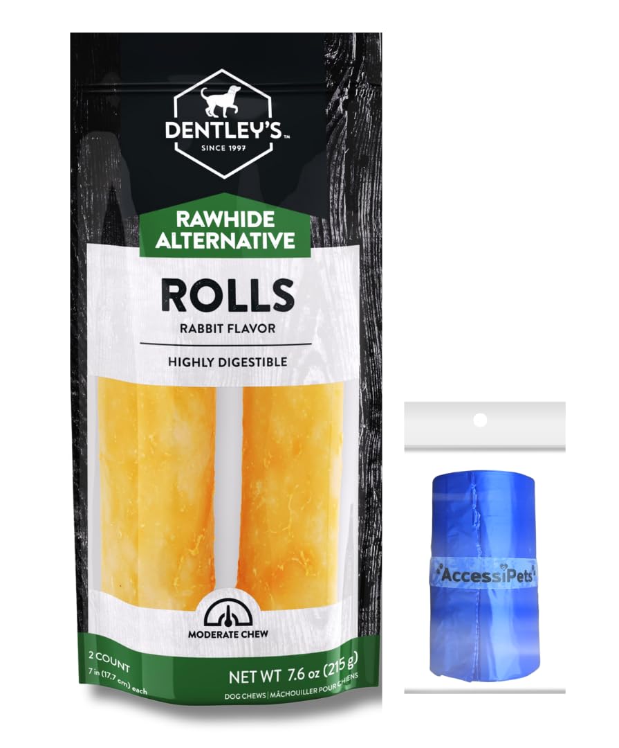 AccessiPets Dog Chews Bundles for All Sized Dogs, Rawhide Free Alternative 7 Inch Highly Digestible Retriever Rolls Bundle with 1 Dog Waste Roll (Rabbit, 2 Count)
