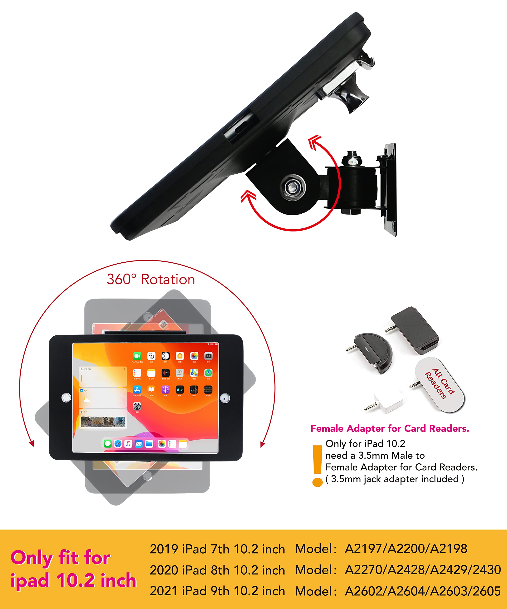 WeSTRUGGLE Tablet On Wall Mount Bracket for iPad 10.2-Inch (9th,8th,7th Gen.),with Anti Theft Security Lock and Key, Rotate Design Arbitrary Adjustment,Multi Angle,Metal,(Black)