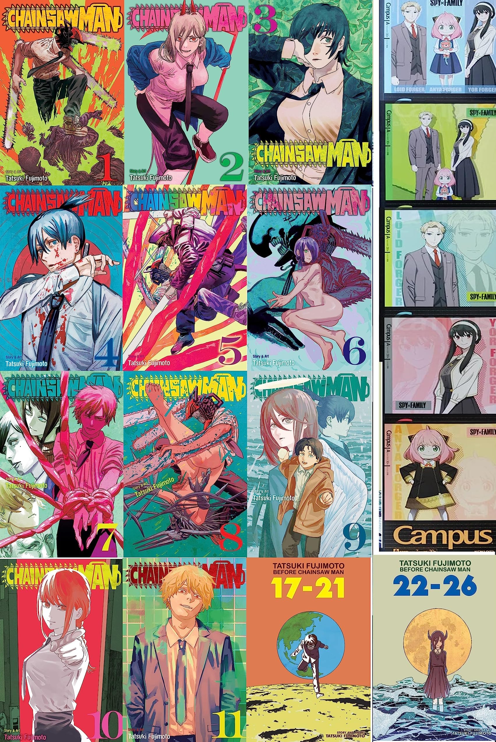Chainsaw Man Collection 13 book set volumes 1-11 and Tatsuki Fujimoto Before Chainsaw Man: 17-21 and 22-26 by Tatsuki Fujimoto and Kokuyo limited edition notebook