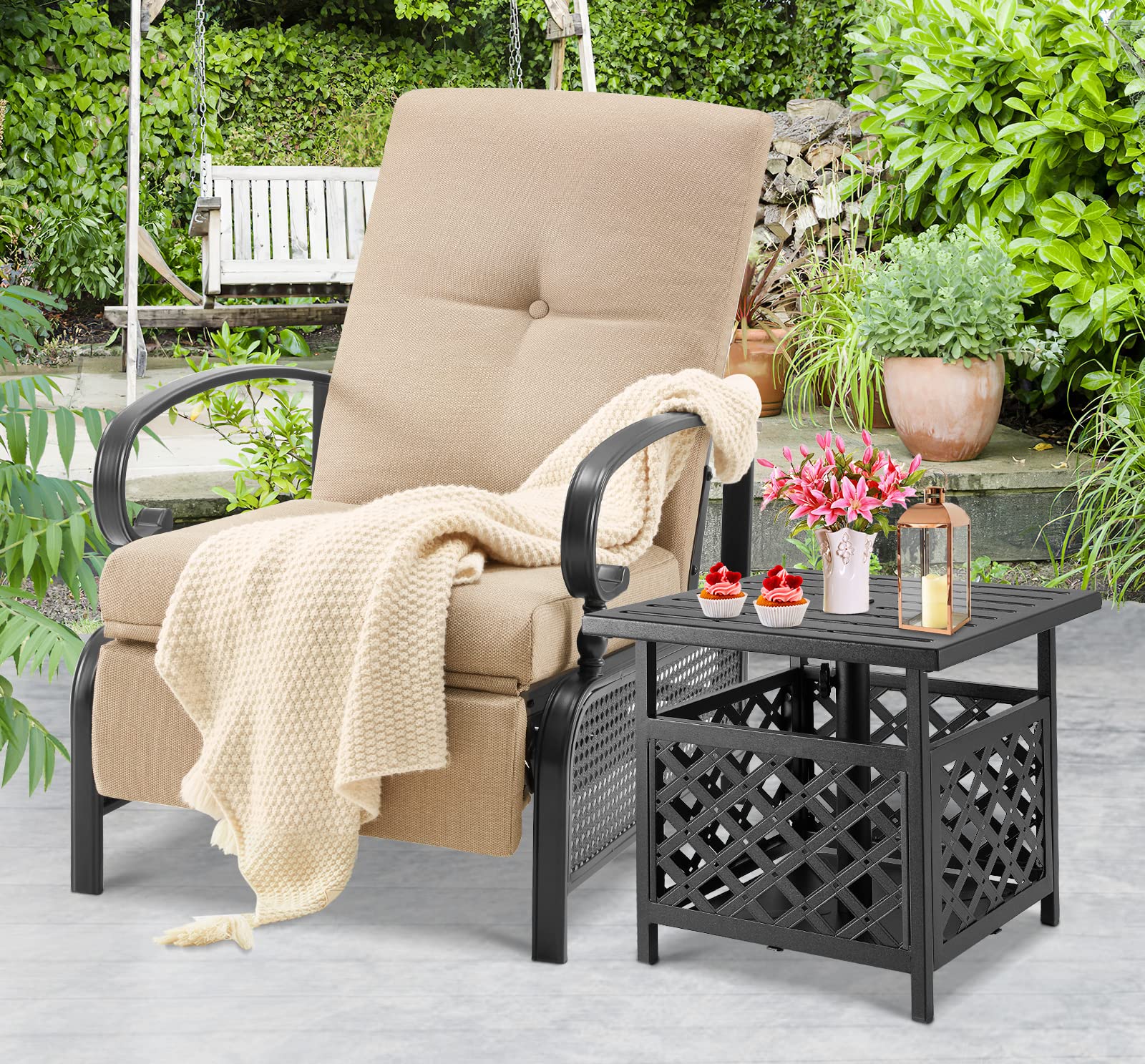 AECOJOY Outdoor Recliner Chair, Patio Outdoor Lounge Chairs with Adjustable Back, Pool Lounge Chairs with Beige Olefin Cushions (Removable)