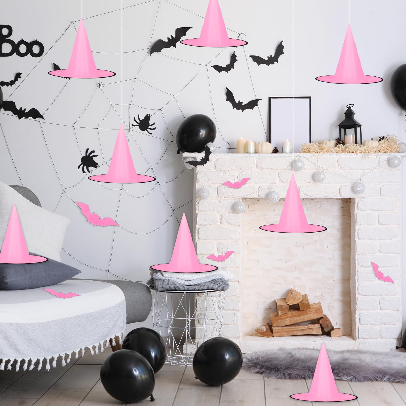 Whaline 14Pcs Halloween Pink Witch Hat with 109 Yards Hanging Rope 32Pcs 3D Bat Stickers Scary Witch Cap Halloween Hanging Decoration for Halloween Home Inside Outside Garden Yard Lawn Decoration