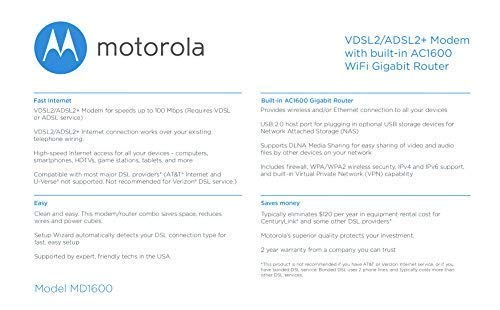 MOTOROLA VDSL2/ADSL2+ Modem + WiFi AC1600 Gigabit Router, Model MD1600, for Non-Bonded, Non-Vectoring DSL from Frontier and Some Other DSL Providers (Renewed)
