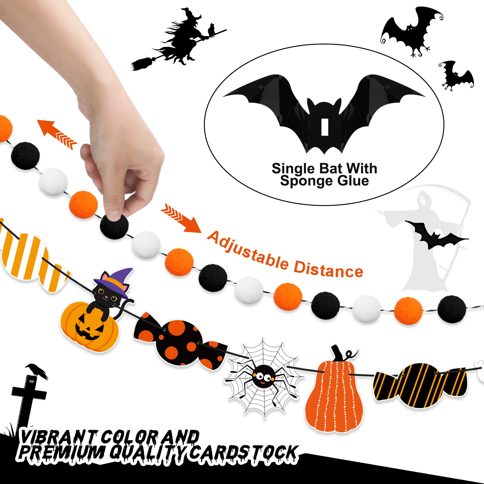 Happy Halloween Banner Pom Pom Garland Set and Halloween Bat Candy Banner with Black Bat Wall Sticker for Halloween Party Decorations Home Decor