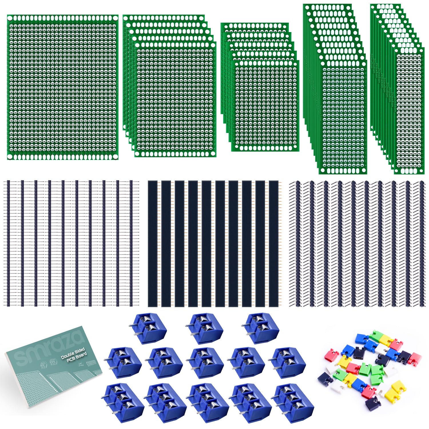 Smraza 104pcs Double Sided PCB Board Kit, Prototype Boards for DIY Soldering and Electronic Project Circuit Boards Compatible with Arduino Kits, 30PCS 40 Pin 2.54mm Male and Female Header Connector