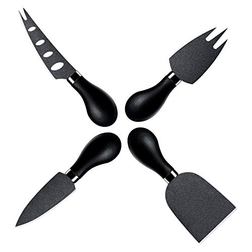 hecef Cheese Knife Set of 4, Non-Stick Coated Gift Set for Christmas, Anniversary, Party, Housewarming, Picnic, Birthdays, Wedding(Black)