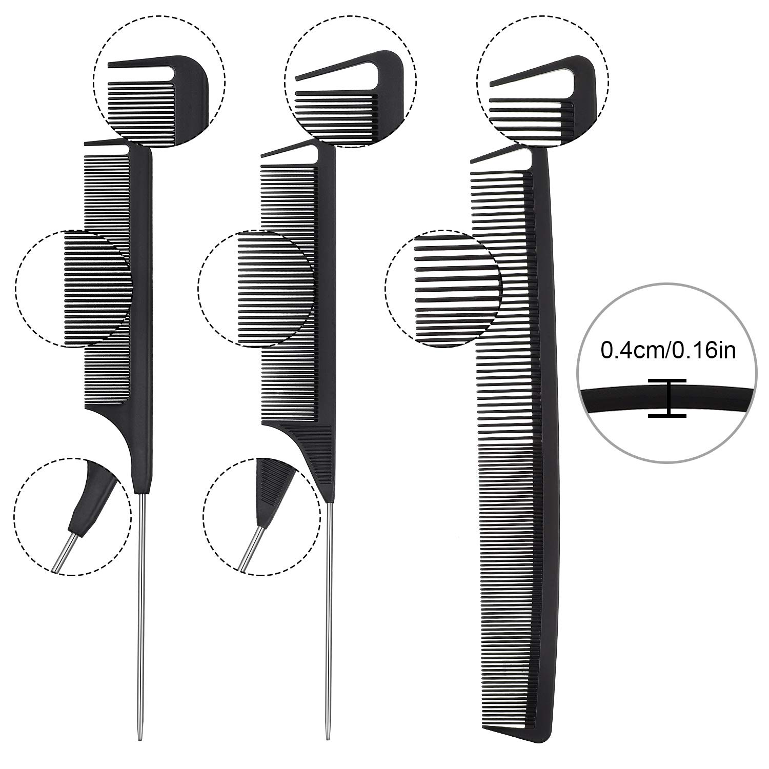 Patelai 12 Pieces Parting Comb for Braids Rat Tail Steel Pintail Fine Teeth Heat Resistant Teasing Combs with Stainless Steel Pintail(Black)